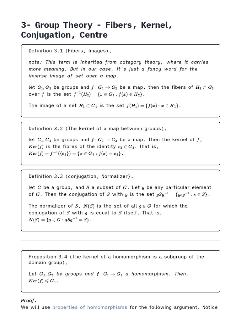 3 - Group Theory - Fibers, Kernel, Conjugation, Centre | PDF | Mathematical Objects | Algebra