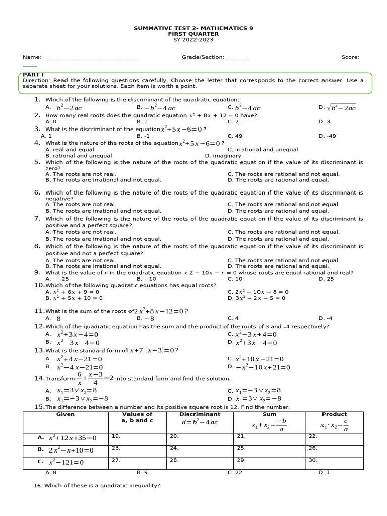Summative 2 - Quadratic Equation | PDF