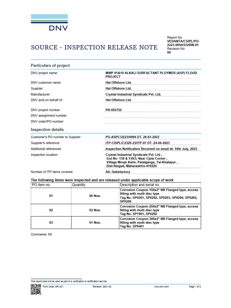 Source - Inspection Release Note | PDF