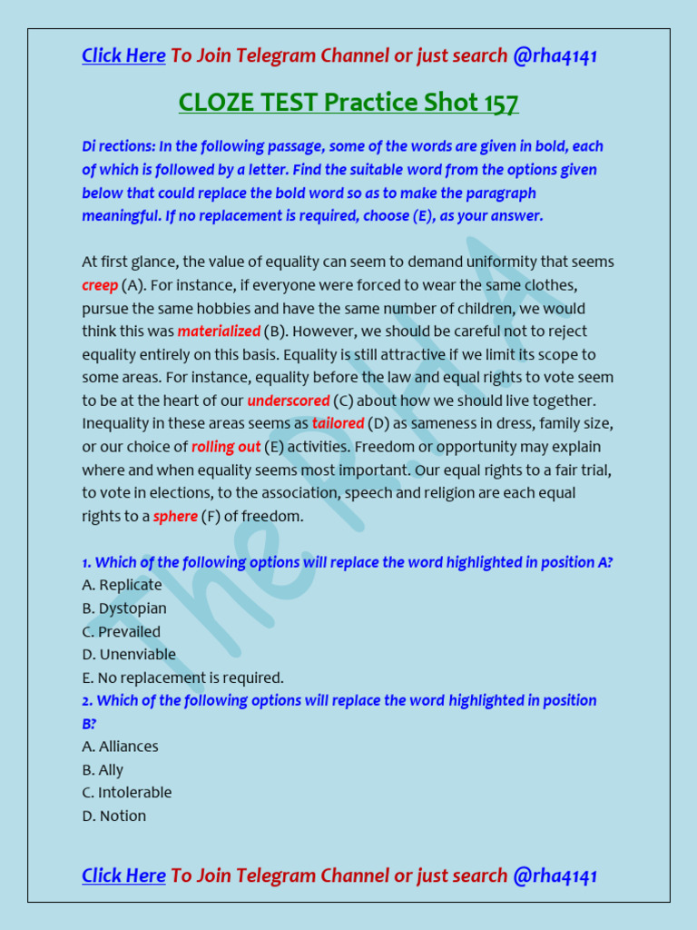 CLOZE TEST Practice Shot 157 | PDF