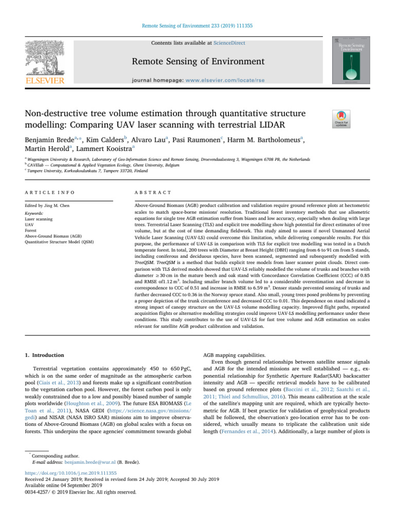 Non-Destructive Tree Volume Estimation Through Quantitative Structure Modelling: Comparing UAV ...