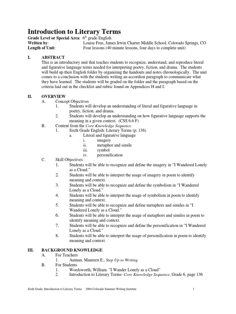 Sixth Grade Literary Terms Unit Guide | PDF | Metaphor | Dictionary