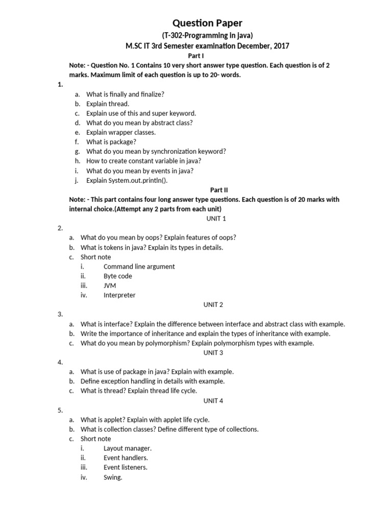 3rd Sem Java Exam Question Paper 2017 | PDF