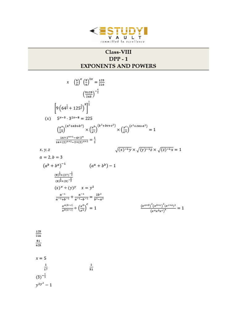 Class 8 Exponents and Powers Worksheet | PDF