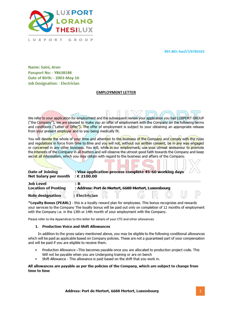 Arun Saini - Luxport Group - Employment Letter | PDF