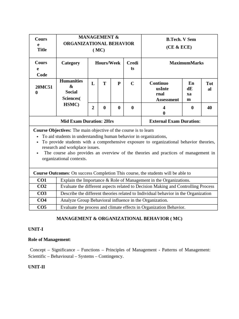 V Sem (Mandatory Course) Management - Organizational Behaviour | PDF