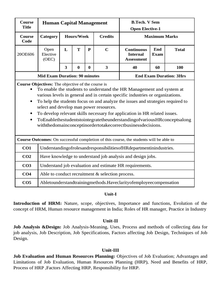 V Sem HCM (Open Elective - 1) Syllabus | PDF