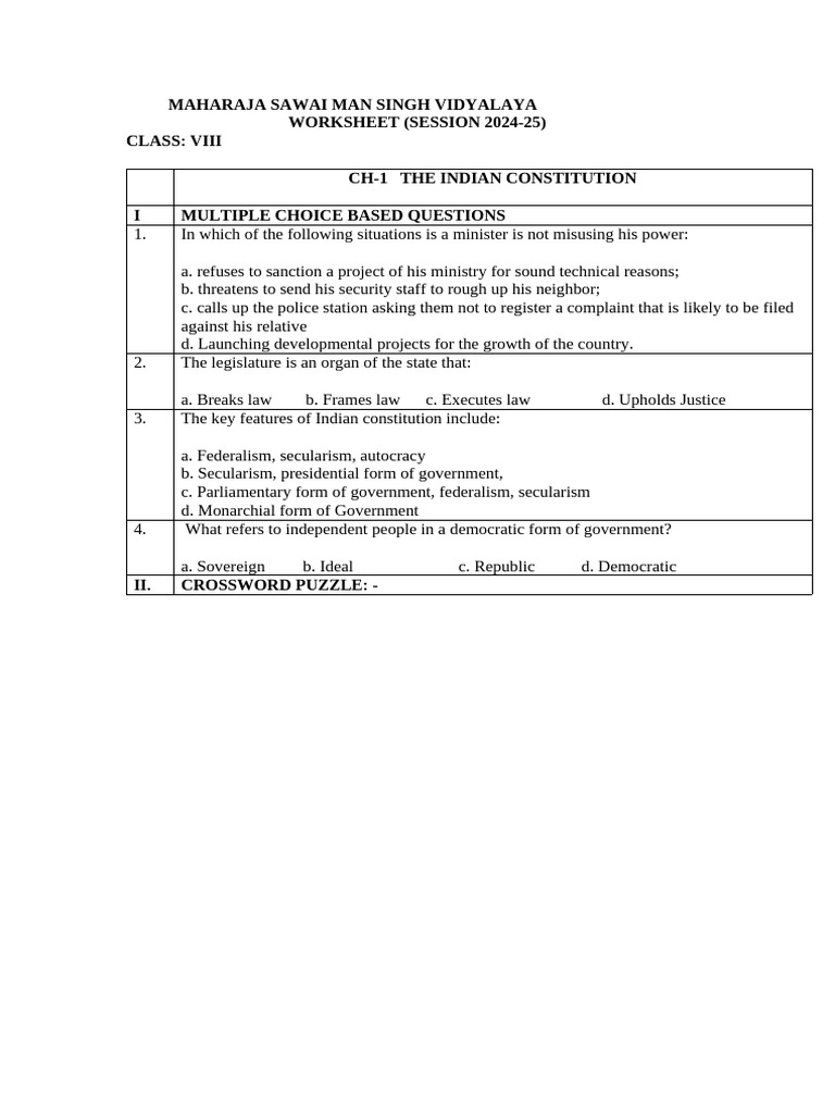 Civics Revision Worksheet 8TH | PDF