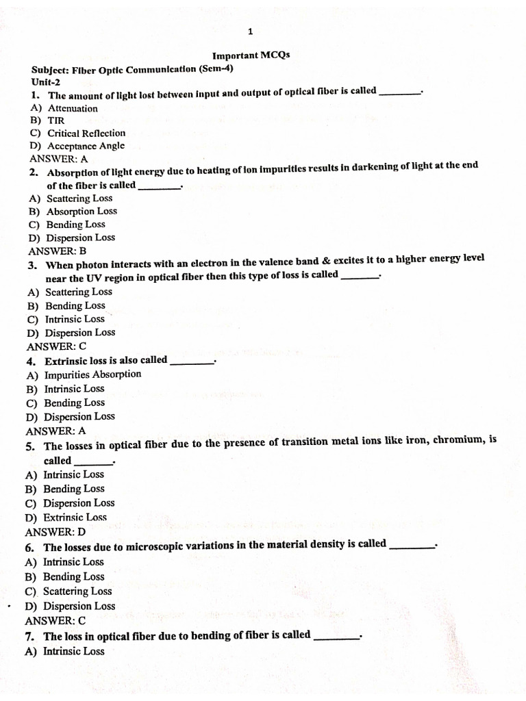 UNIT - 2, MCQ - Fiber Optical | PDF