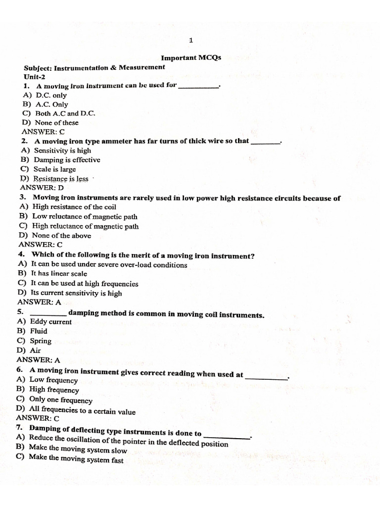 UNIT-2 MCQ - Instrumentations & Measurements | PDF