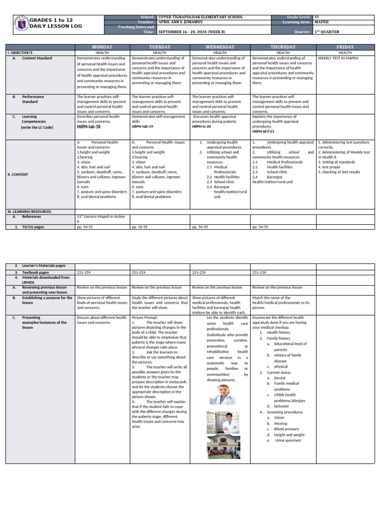 DLL - Mapeh 6 - Q1 - W8 | PDF | Health Professional | Health Care