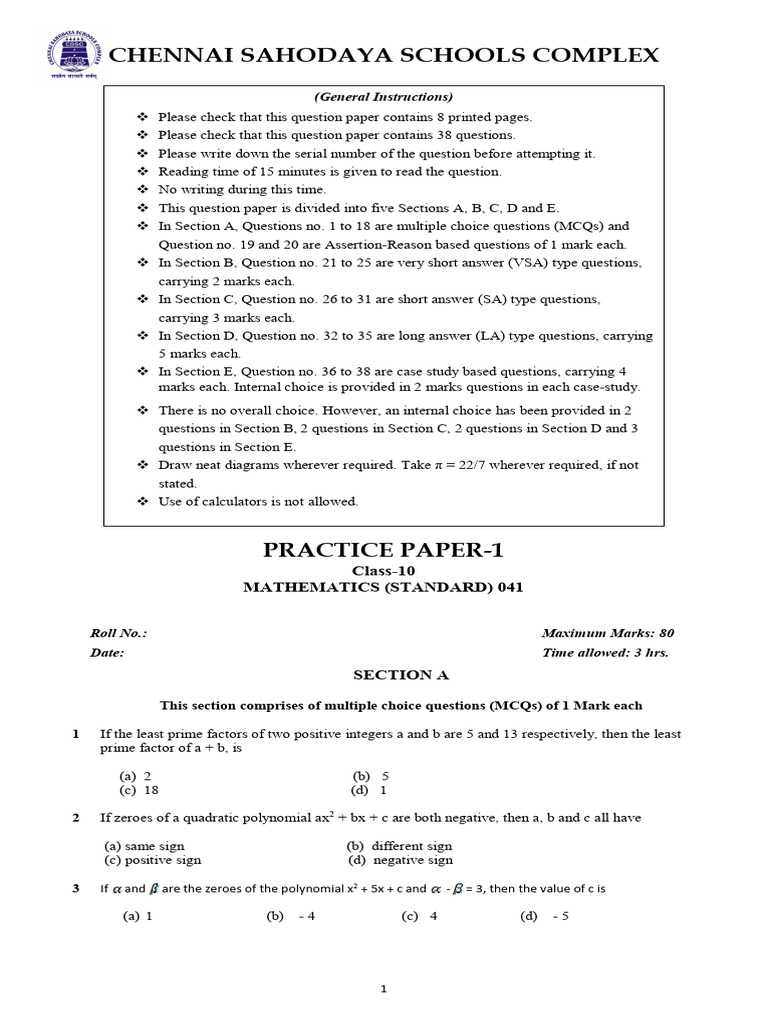 Maths Standard Practice Paper1 - QP | PDF