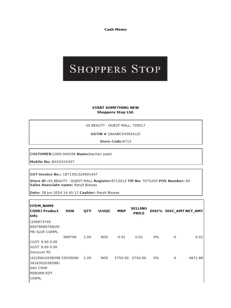 Shoppersstop Receipt 123461721189 | PDF