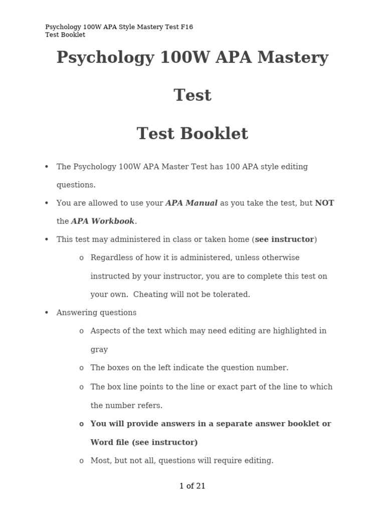100W APA Style Test Booklet F16-1 | PDF