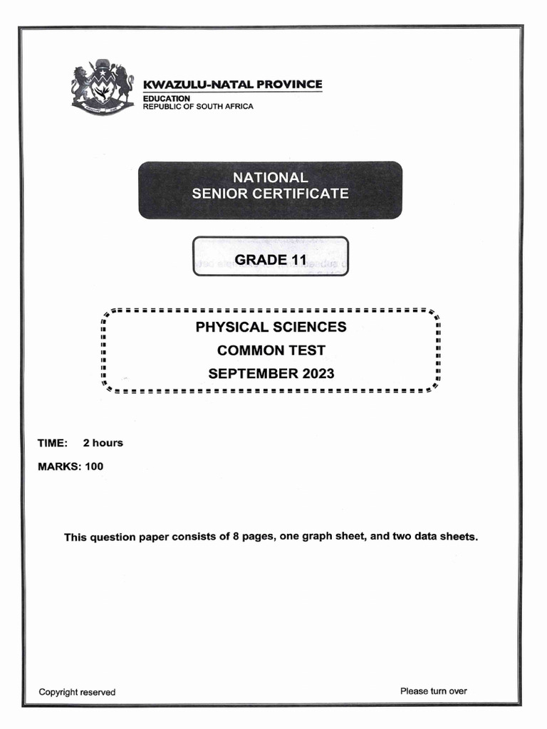G11 Physical Sciences Sep 2023 QP KZN Scanned by Farhad Akoo | PDF