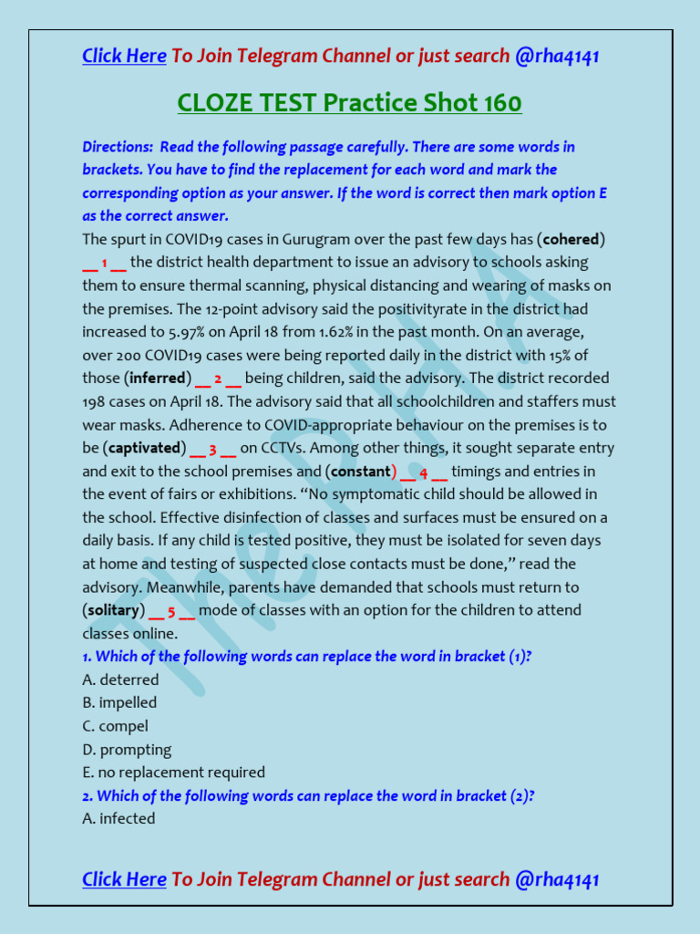 Cloze Test Practice Shot 160 | PDF