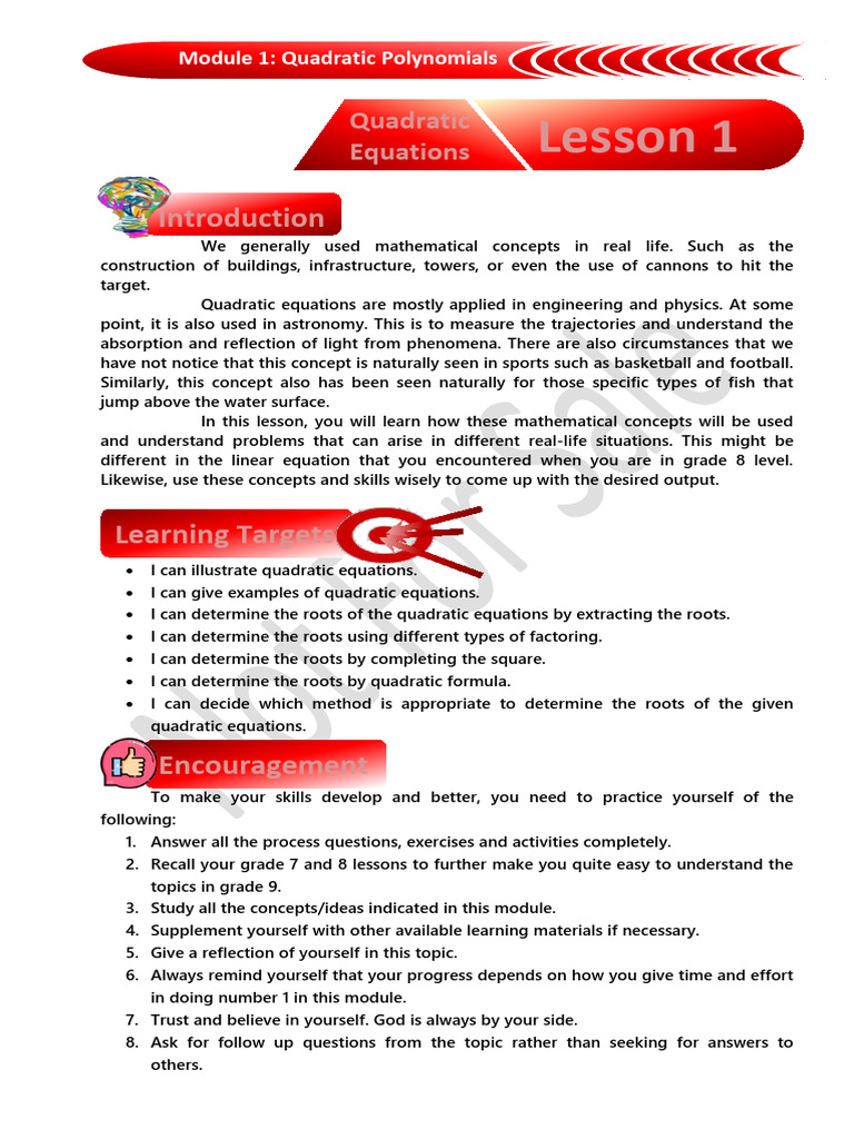 Math 9 - Module 1 - Lesson 1 Quadratic Equations | PDF
