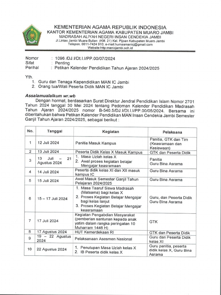 1096 Petikan Kalender Semester Ganjil 2024-2025 - 0001 | PDF