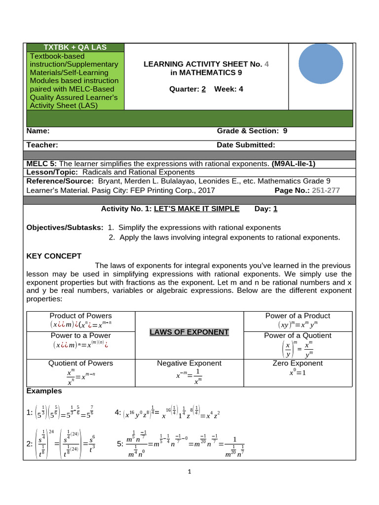 4 Las M9 Melc 5 6 - Q2 - Week 4 | PDF | Exponentiation | Square Root