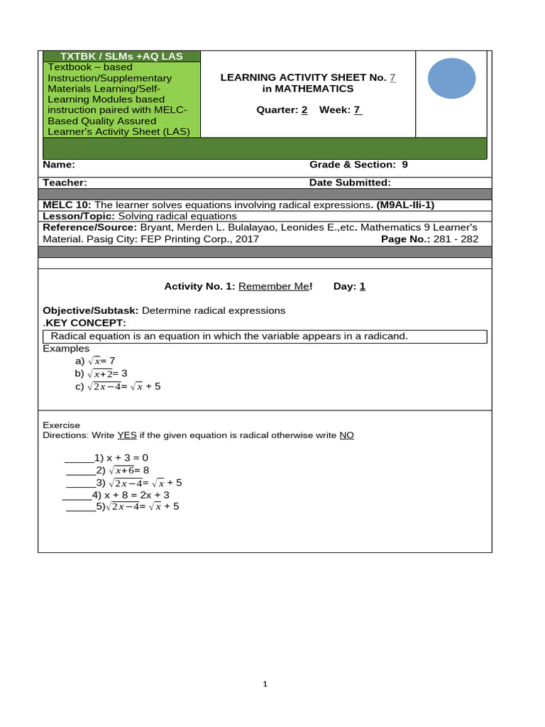 7 Las M9 Melc 10 11 Week 7 | PDF | Square Root | Equations
