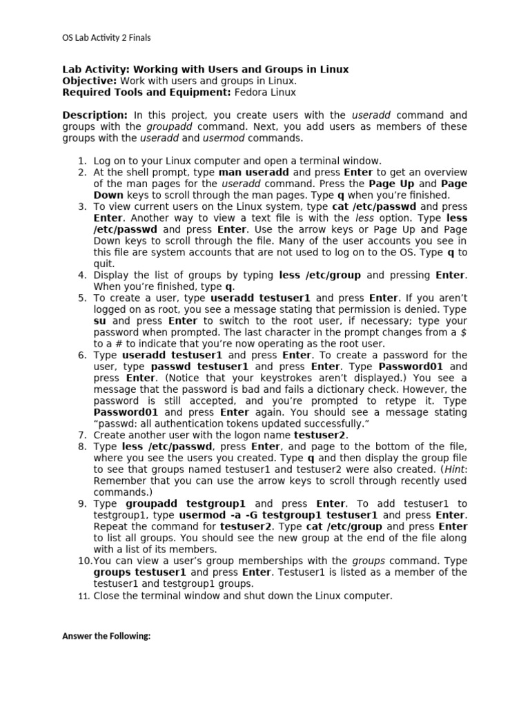 Lab Activity 2 Finals Linux Users And Groups Pdf Superuser Computers 