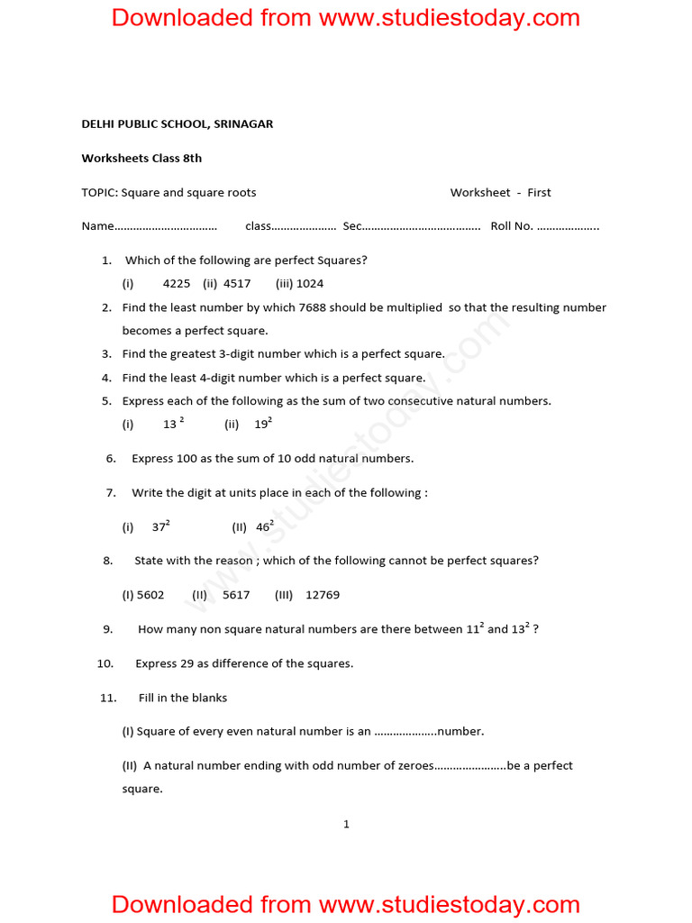 CBSE Class 8 Mathematics Squares and Square Roots Worksheet Set B | PDF CBSE Class 8 Mathematics Squares and Square Roots Worksheet Set B | PDF