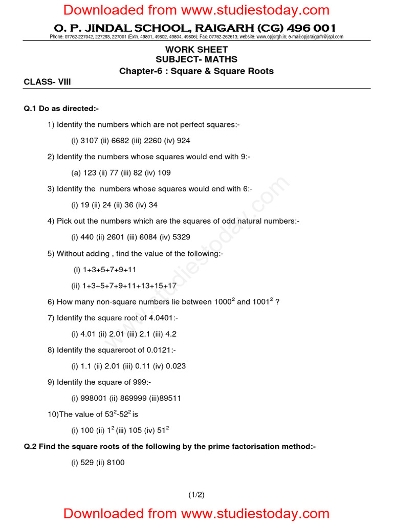CBSE Class 8 Mathematics Squares and Square Roots Worksheet Set A | PDF