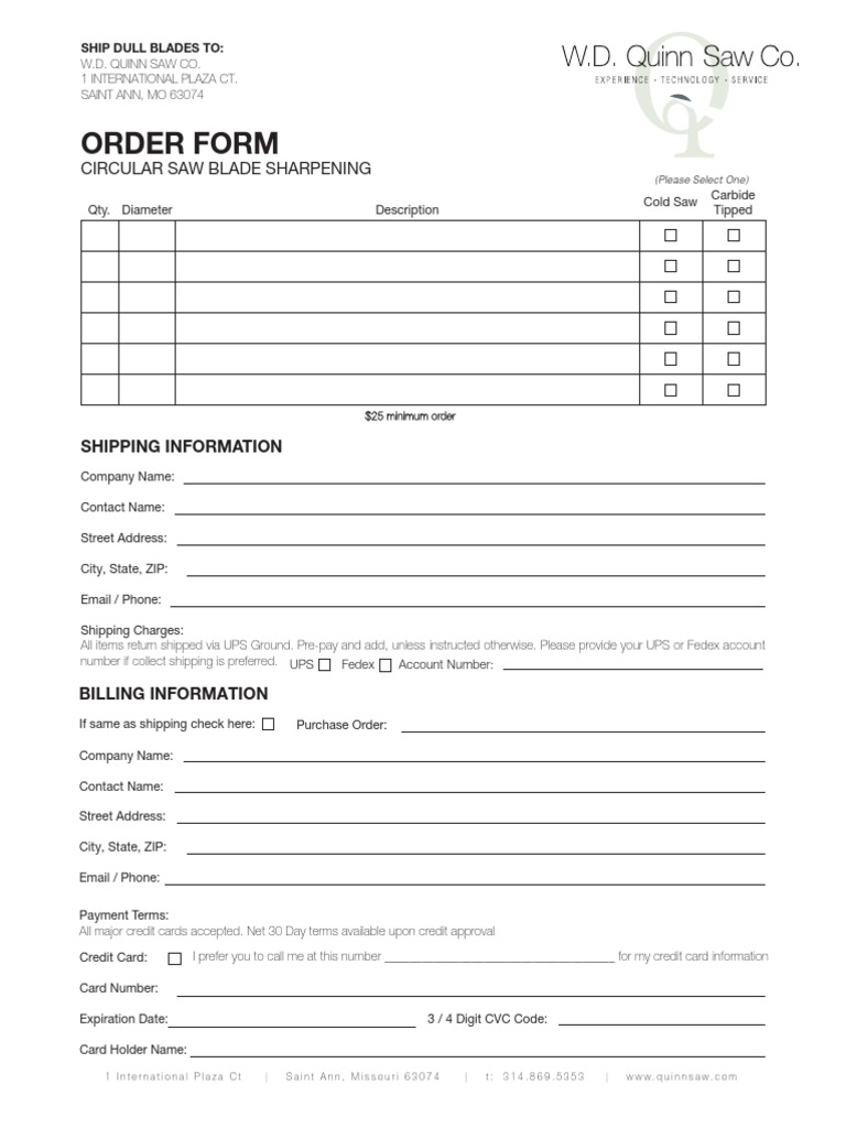 Quinn Saw Sharpening Order Form 2023 | PDF