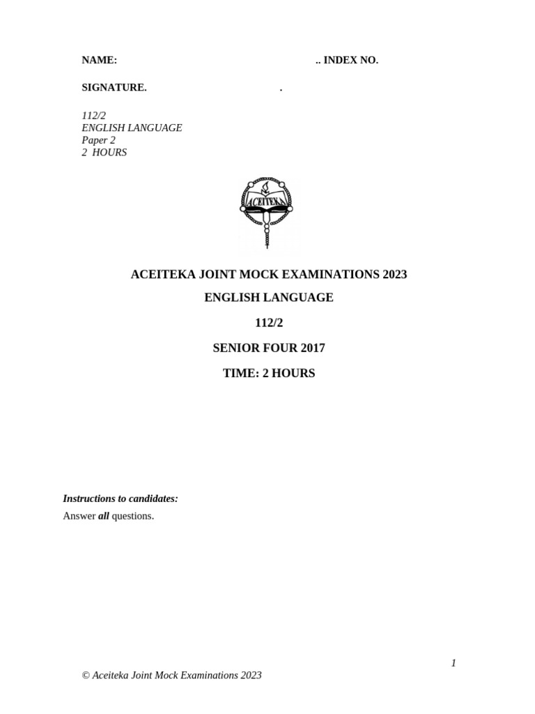 Aceiteka Joint Mock Uce English P2 Past Paper 2024 PDF | PDF