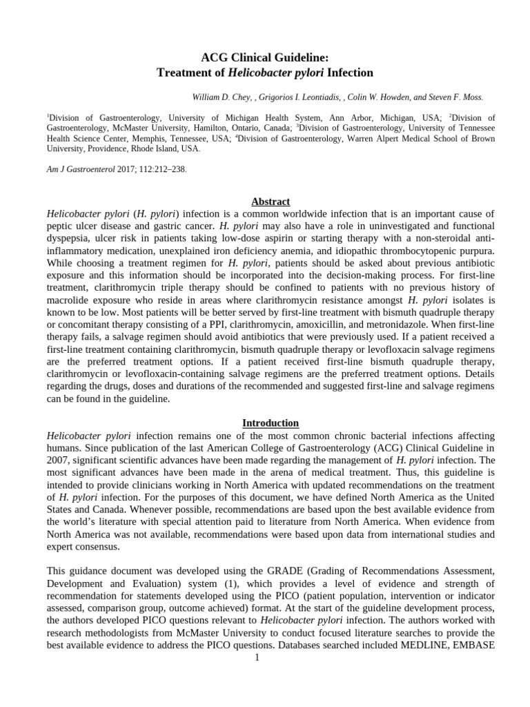 ACG H. Pylori Guideline Summary | PDF