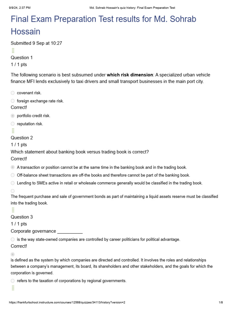 Md. Sohrab Hossain's Quiz History - Final Exam Preparation Test | PDF