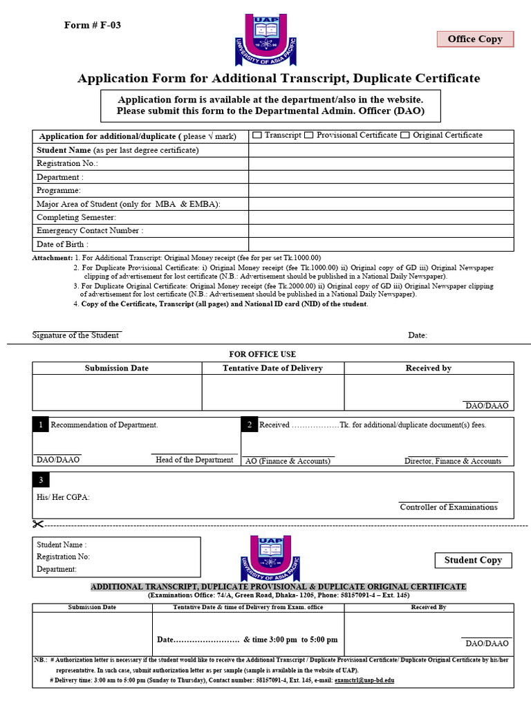 Application Form For Additional Transcript, Duplicate Certificate | PDF
