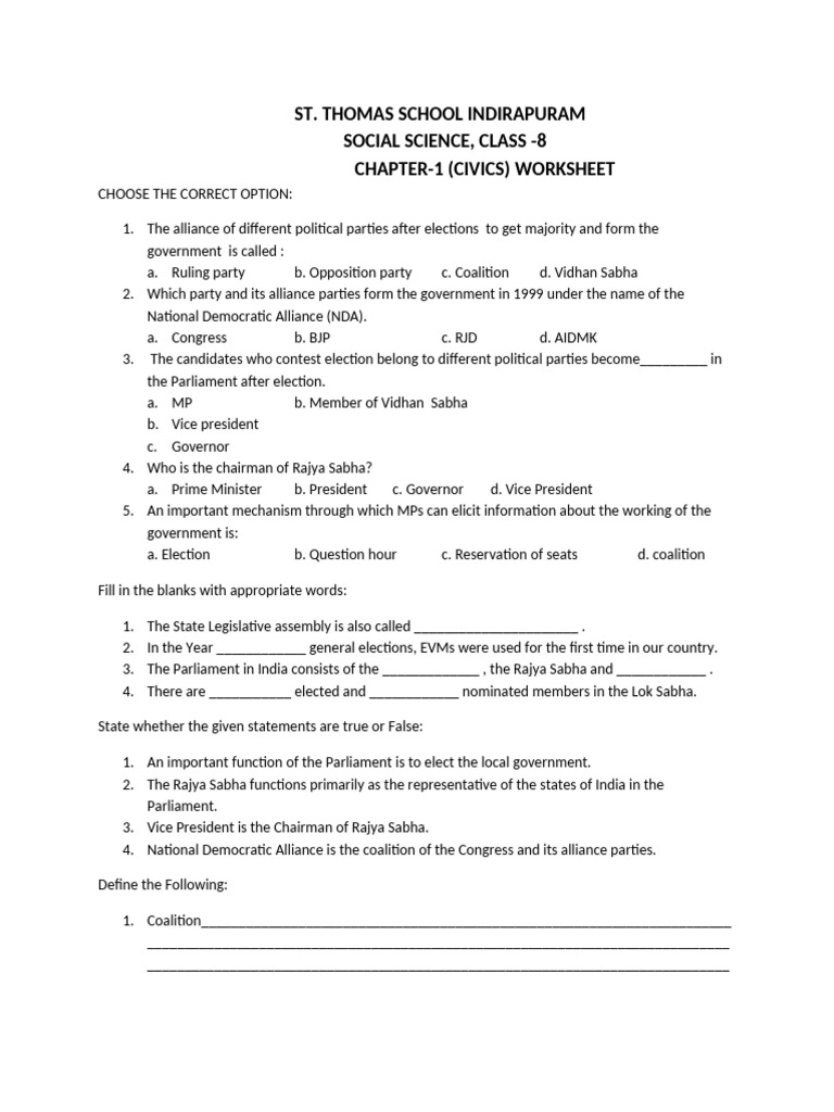 Class 8 Civics Worksheet CH 3 3 | PDF