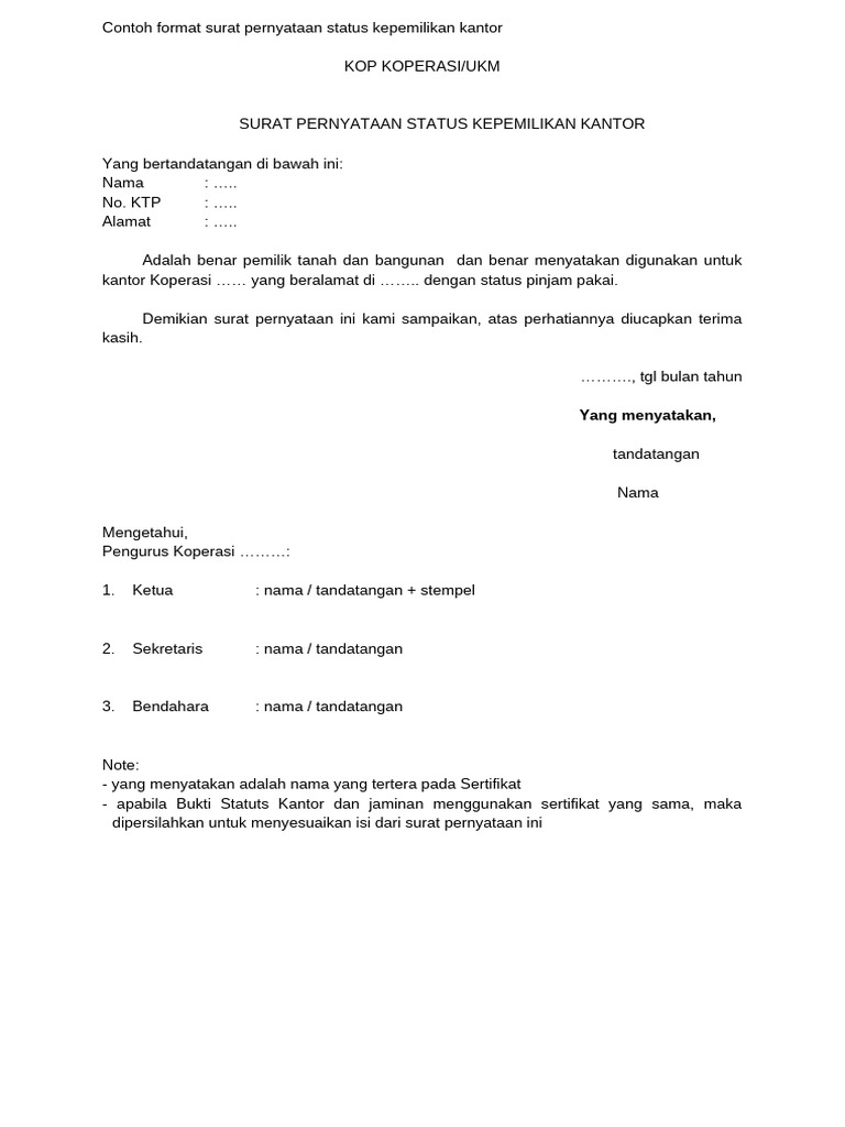 Contoh Format Surat Pernyataan Status Kepemilikan Kantor Pinjam Pakai | PDF