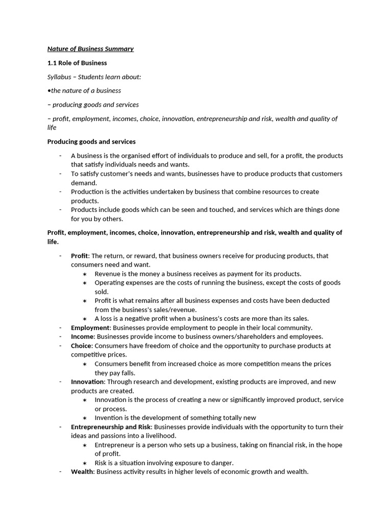 Nature of Business Summary | PDF