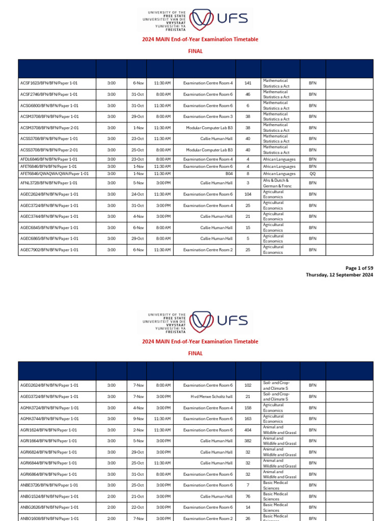 2024 Main End of Year Examination Timetable Final | PDF