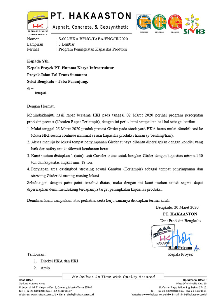 Surat Program Peningkatan Kapasitas Produksi | PDF