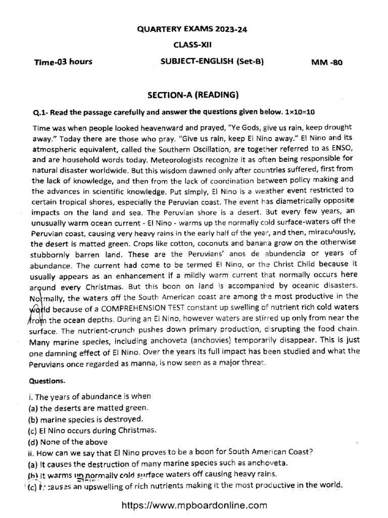 MP Board Class 12 QTR English Set B 200224 2024 | PDF