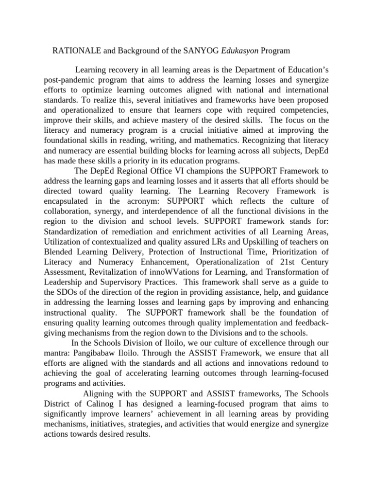 RATIONALE and Background of The SANYOG Edukasyon Program | PDF