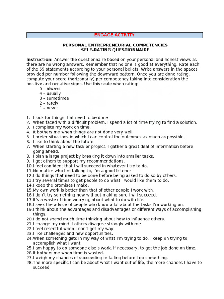 PEC Questionnaire Answer Sheet | PDF