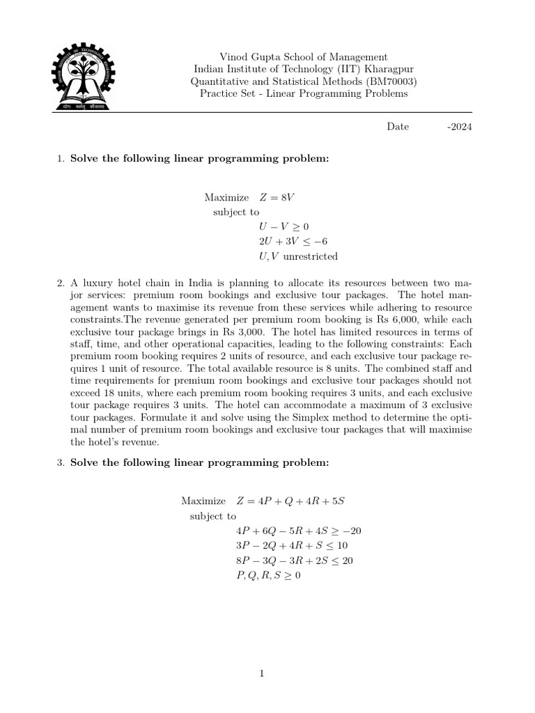 QTSM Practice Set LPP August 2024 | PDF | Linear Programming | Teaching Methods & Materials