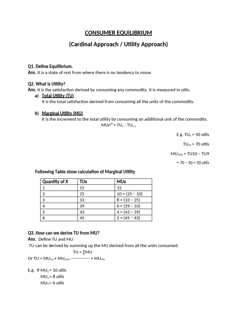 Consumer Equilibrium (Cardinal Approach / Utility Approach) | PDF