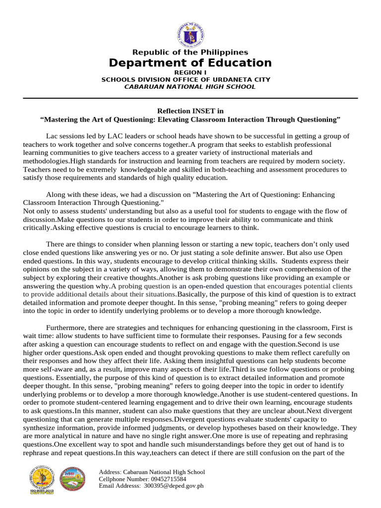 Reflection On INSET Mastering The Art of Questioning | PDF