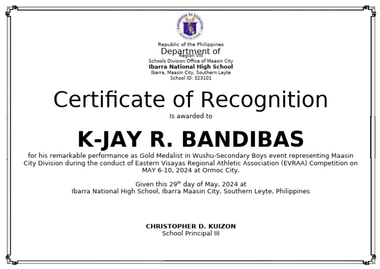 Certificate of Recognition ATHLETE | PDF