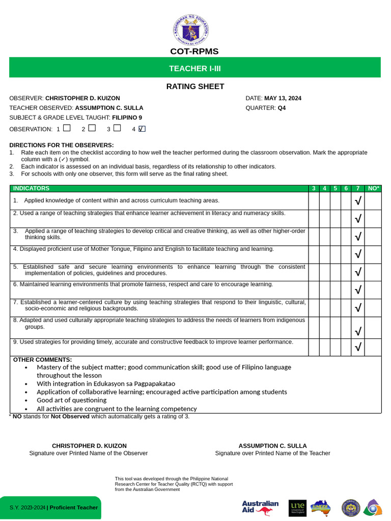 (Appendix C-03) COT-RPMS Rating Sheet For T I-III For SY 2023-2024 | PDF