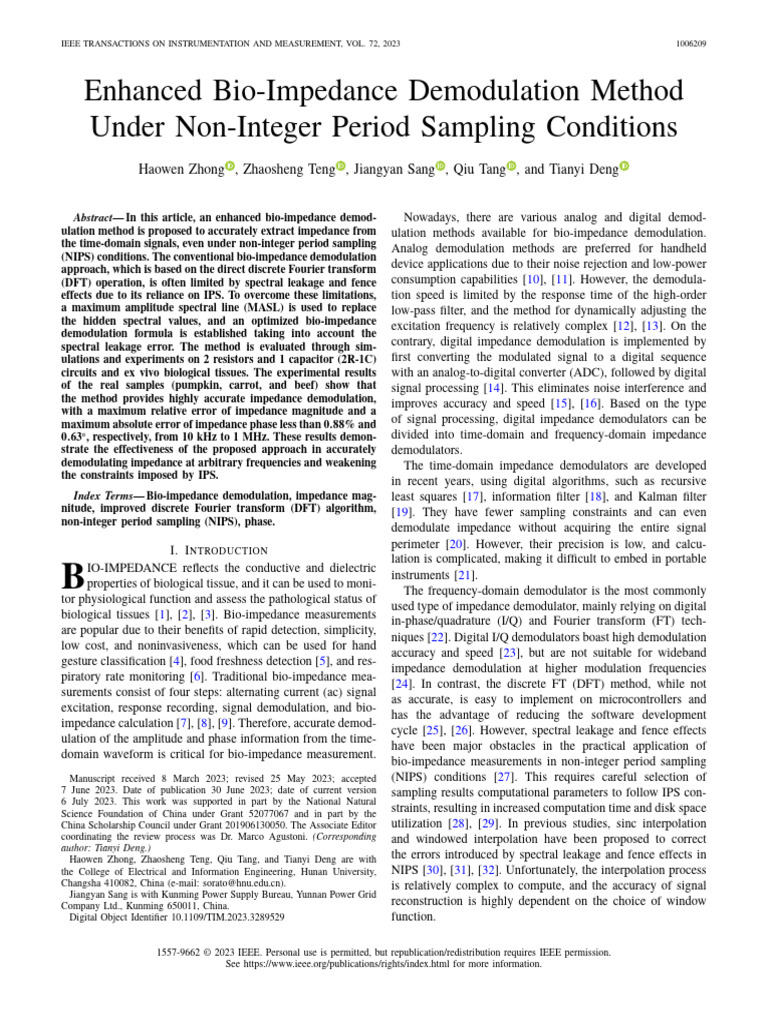 Enhanced Bio-Impedance Demodulation Method Under Non-Integer Period Sampling Conditions | PDF