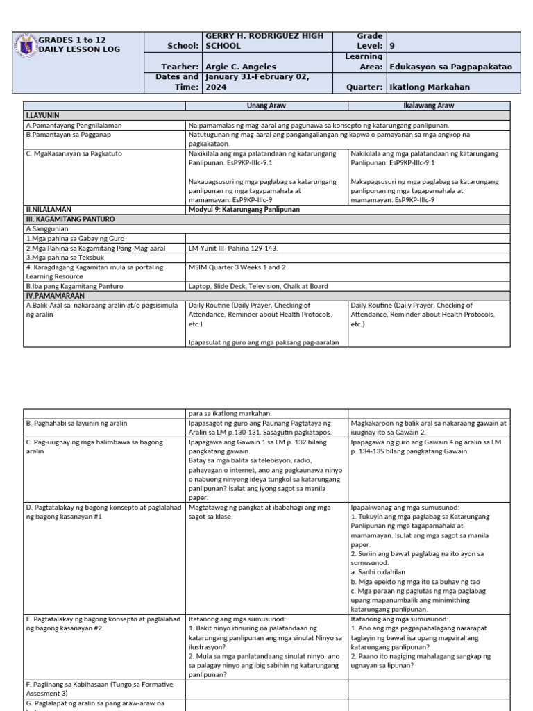 EsP9 DLL Q3 Module9 Part1 | PDF