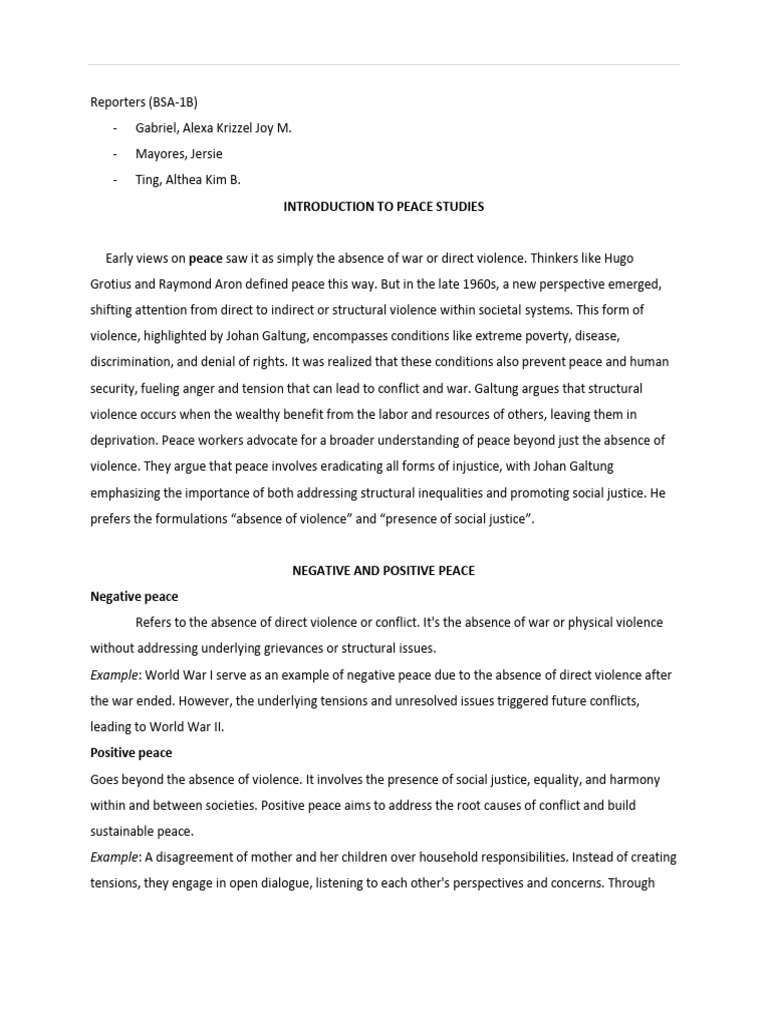 Introduction To Peace Studies BSA 1B 1 | PDF