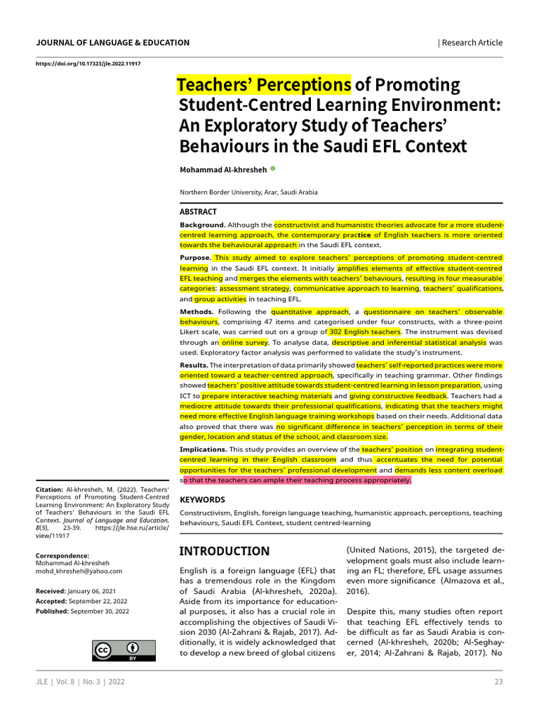 Teachers Perceptions of Promoting Student Centred Learning Environment An Exploratory Study of ...