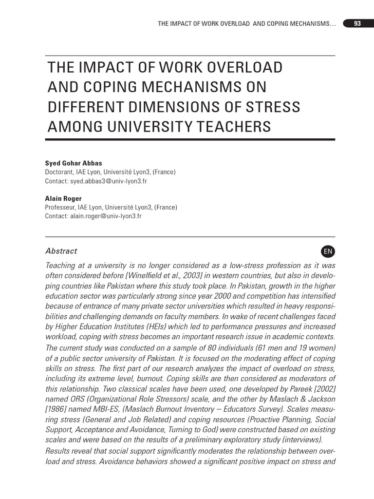 The Impact of Work Overload and Coping Mechanisms On Different Dimensions of Stress Among ...